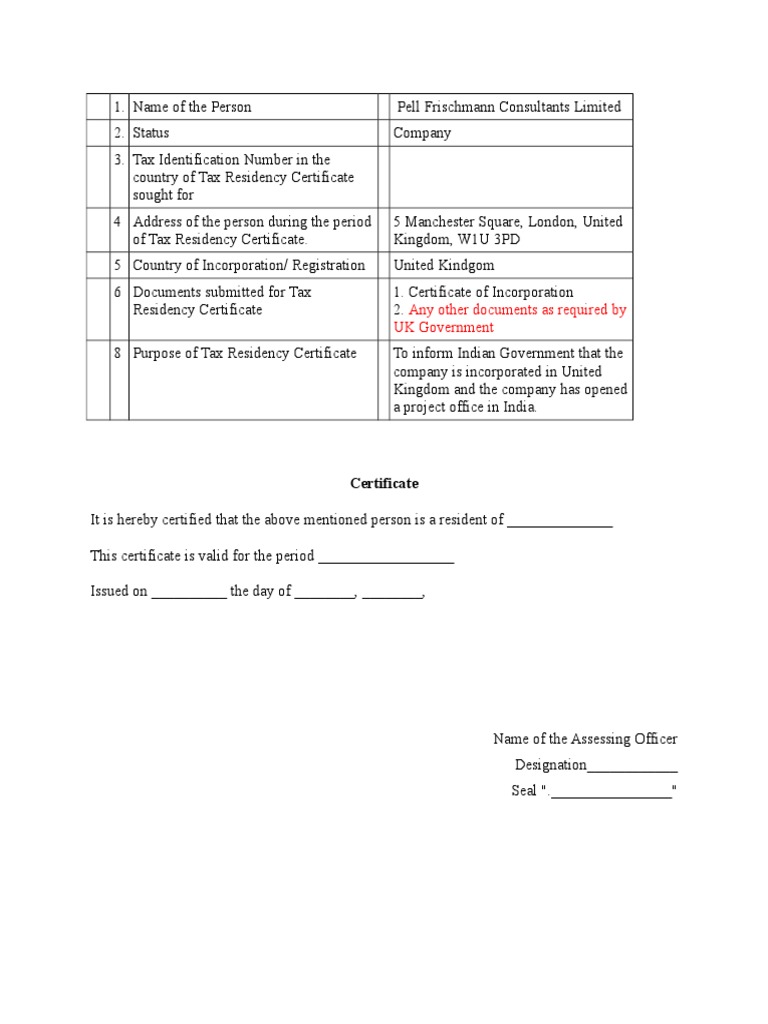 UK Company Tax Residency Details | PDF