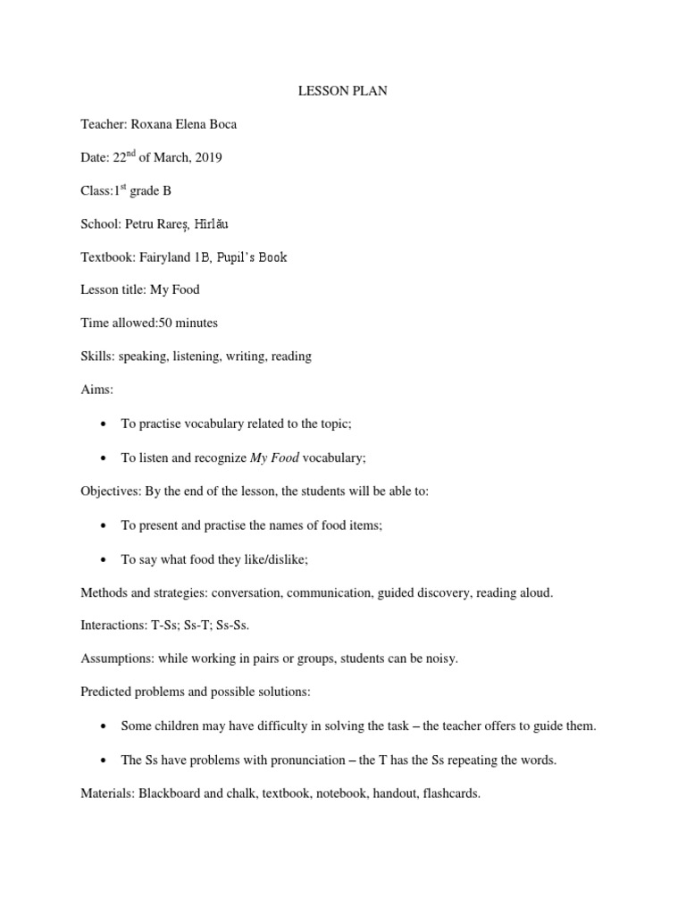 My Food Lesson Plan | PDF | Vocabulary | Lesson Plan