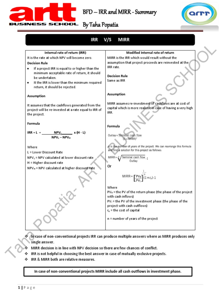 IRR and MIRR - Summary | PDF | Internal Rate Of Return | Net Present Value