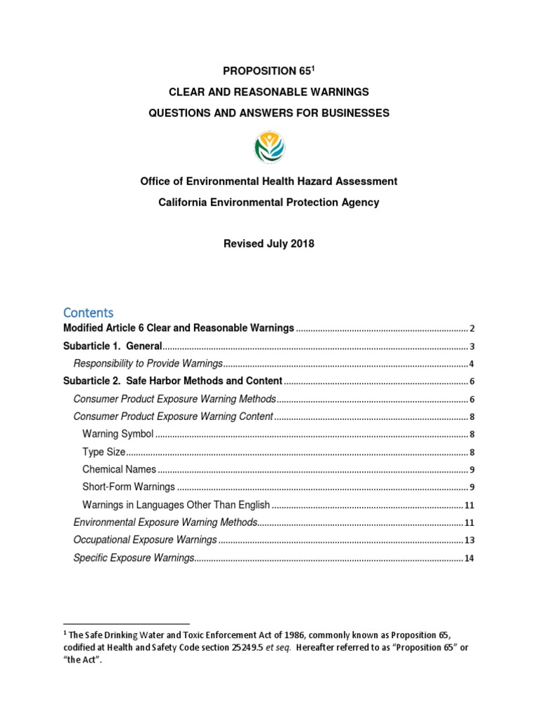 Proposition 65 Clear and Reasonable Warnings Questions and Answers For ...