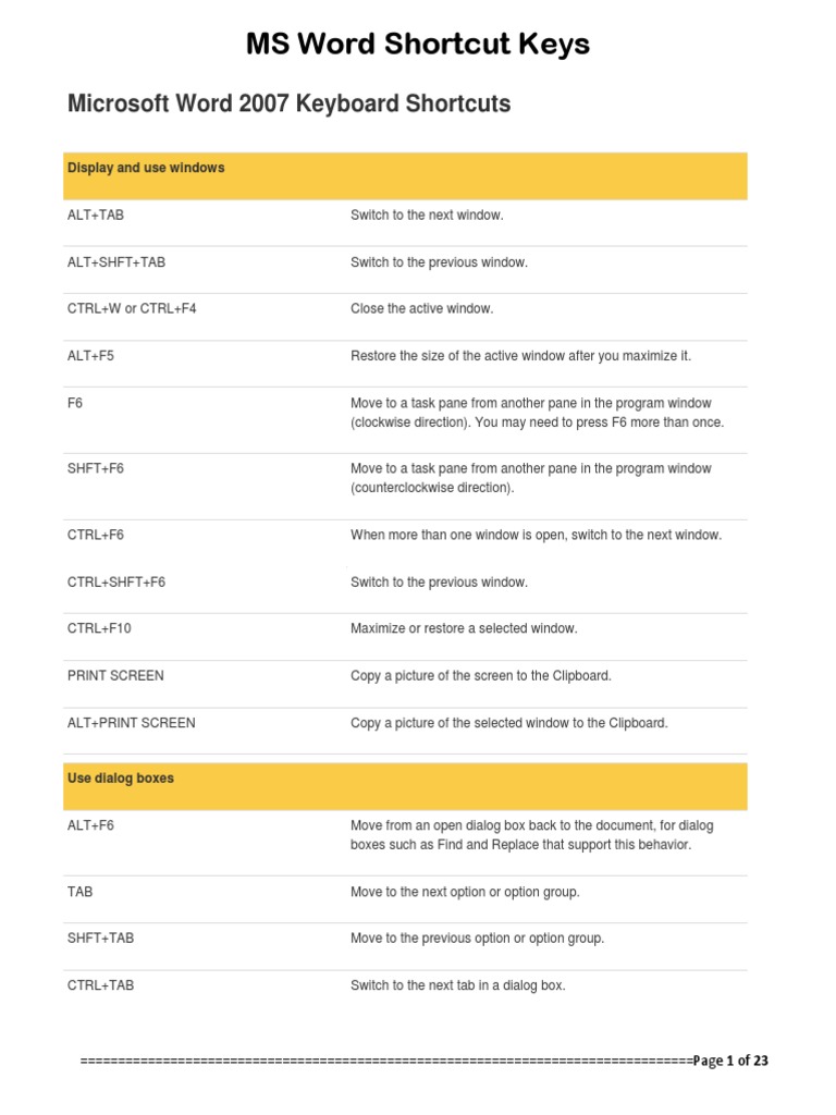 MS Word Shortcut Keys: Microsoft Word 2007 Keyboard Shortcuts | PDF ...