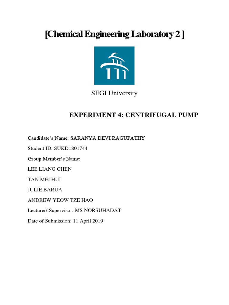 Experiment 4 Centrifugal Pump | PDF | Pump | Chemical Engineering