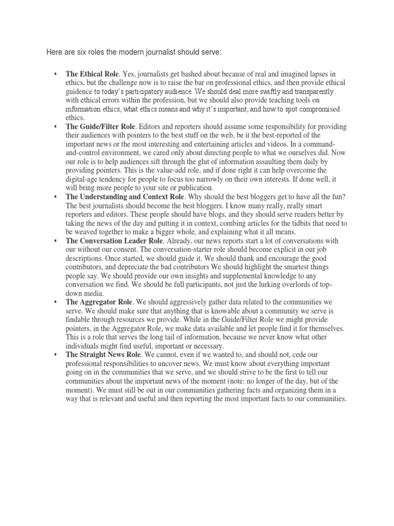 Six Roles The Modern Journalist | PDF | Blog | Mass Media