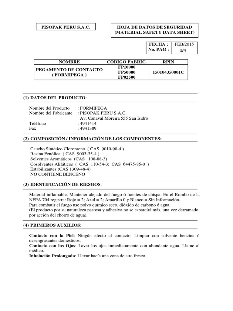 Msds Pegamento de Contacto PDF | PDF | Solvente | Agua