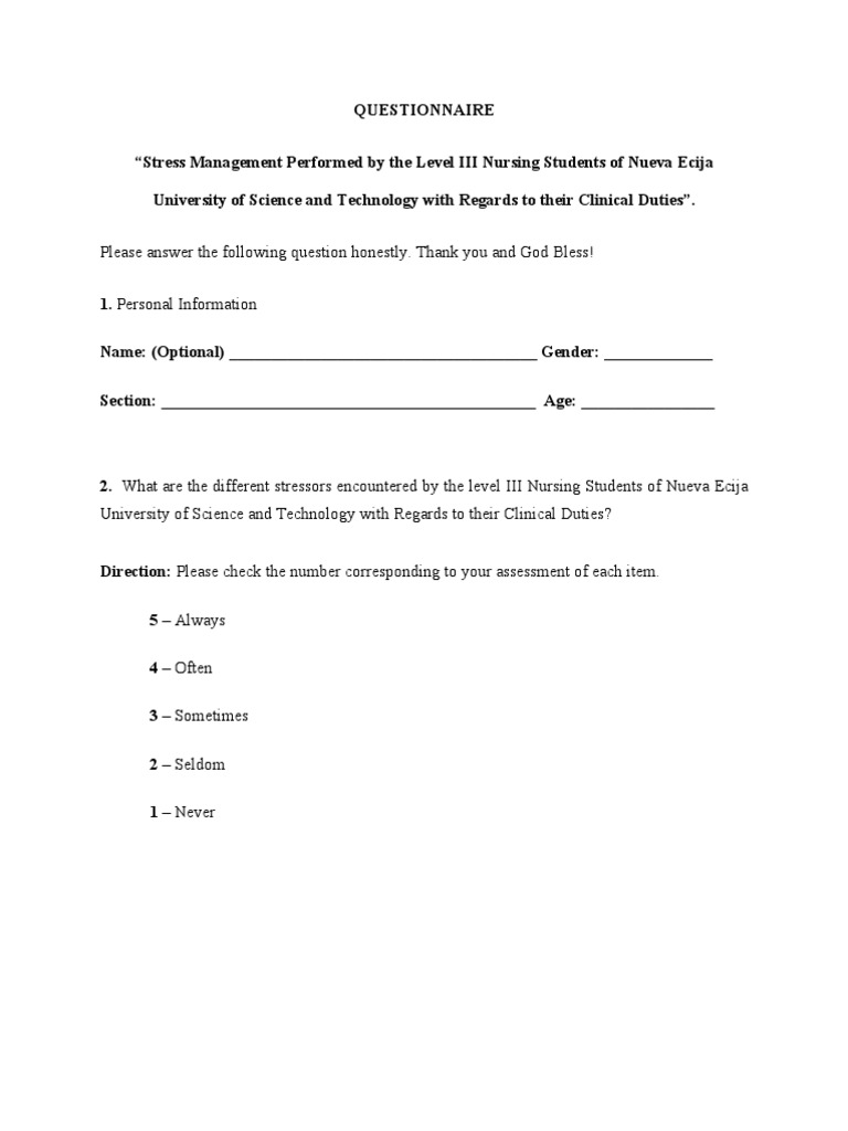 QUESTIONNAIRE "Stress Management Performed by The Level III Nursing ...