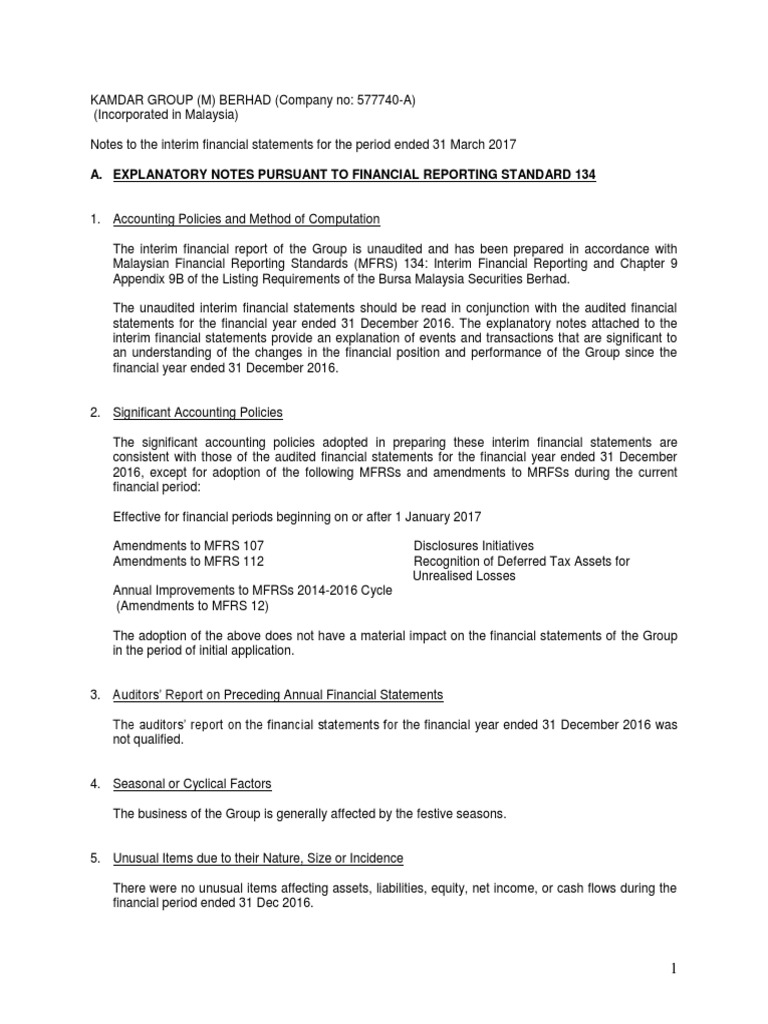A. Explanatory Notes Pursuant To Financial Reporting Standard 134 | PDF ...