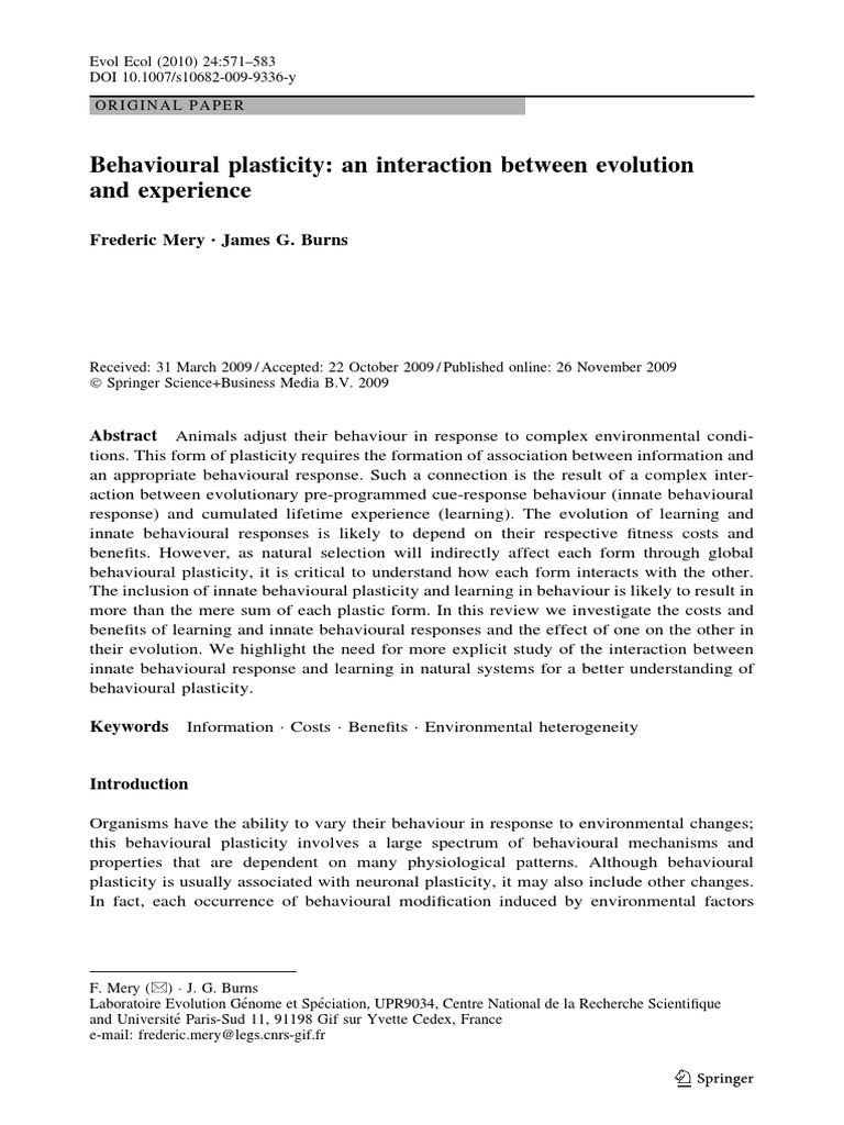 Behavioral Plasticity. An Interaction Between Evolution and Experience ...