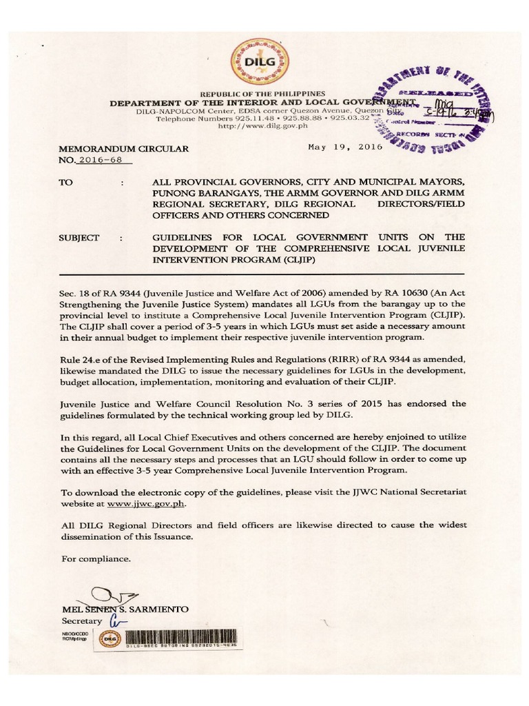 Dilg Memo Circular 2016-68 | PDF