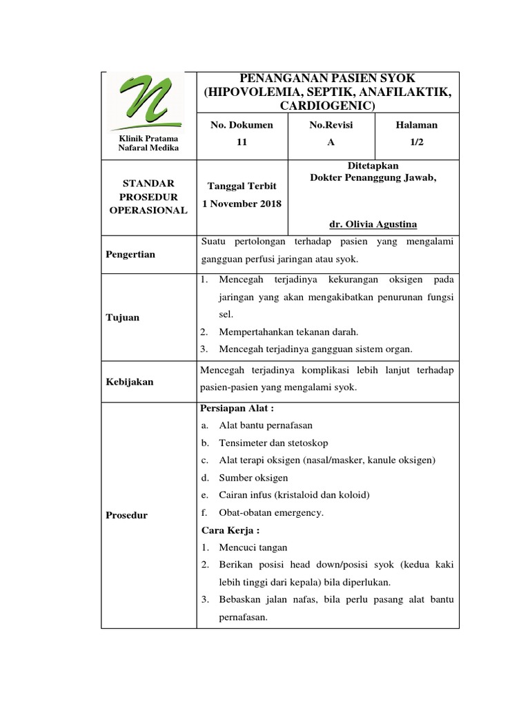 Prosedur Standar Penanganan Pasien Syok (Hipovolemia, Septik ...