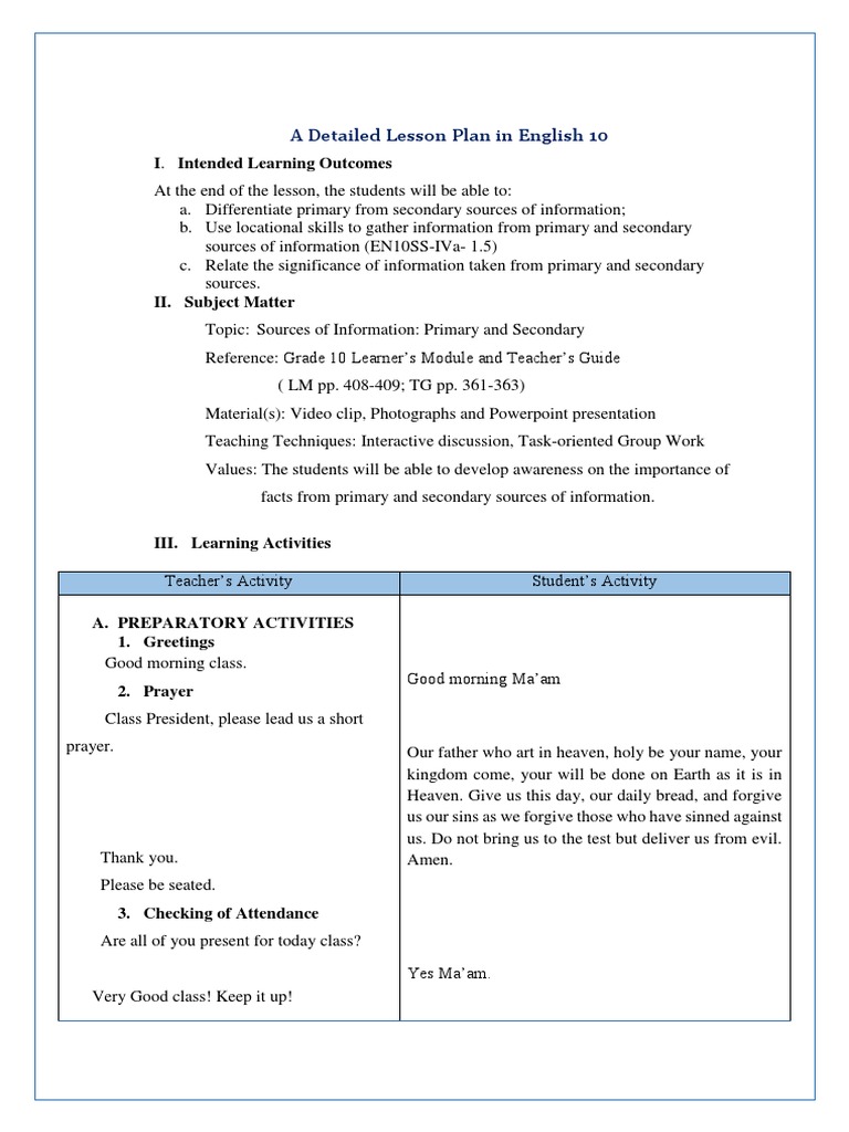 I. Intended Learning Outcomes: A Detailed Lesson Plan in English 10 ...