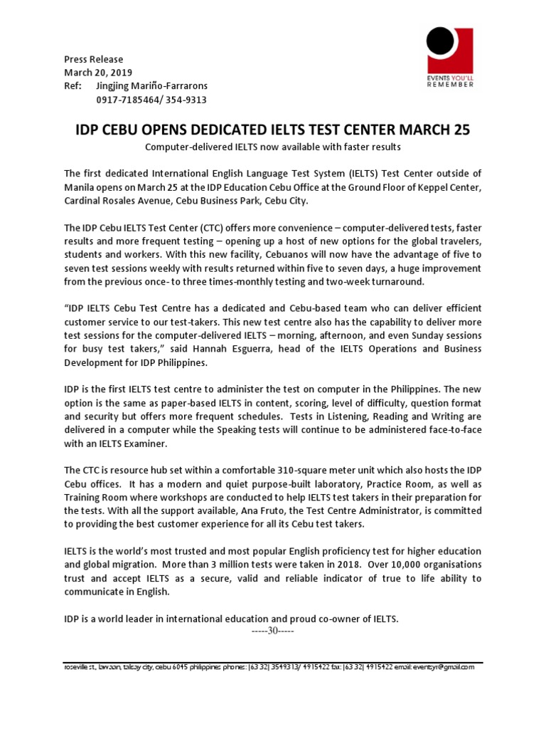 PR, IDP Cebu Opens Dedicated IELTS Test Center March 25 V2.0 | PDF ...