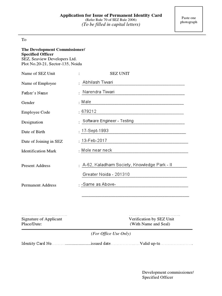 Sez Application Form PDF Government And Personhood Access Control