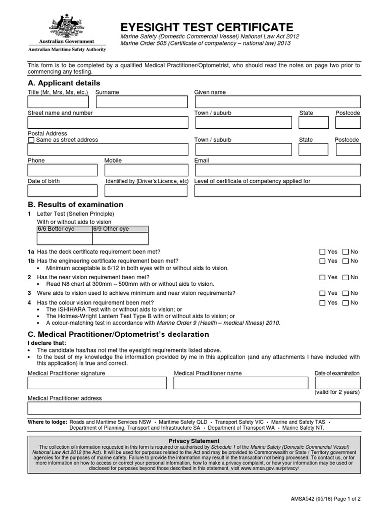 EYESIGHT TEST CERTIFICATE FOR MARINE CERTIFICATES OF COMPETENCY | PDF ...