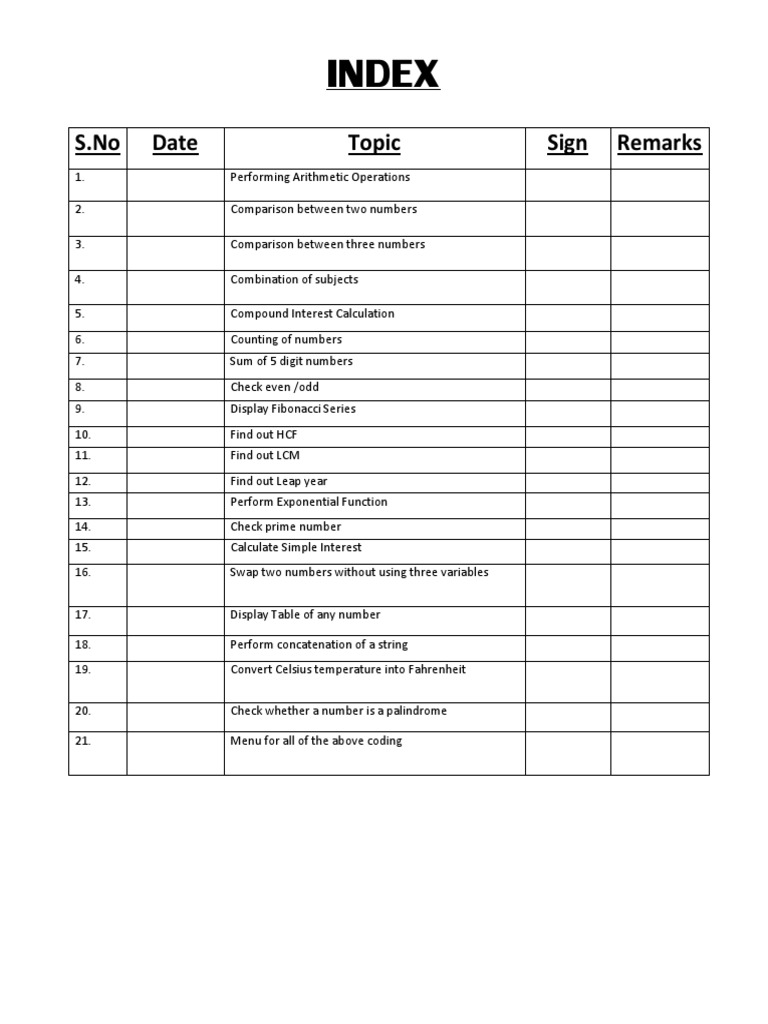 Index: S.No Date Topic Sign Remarks | PDF | Filename | Command Line ...