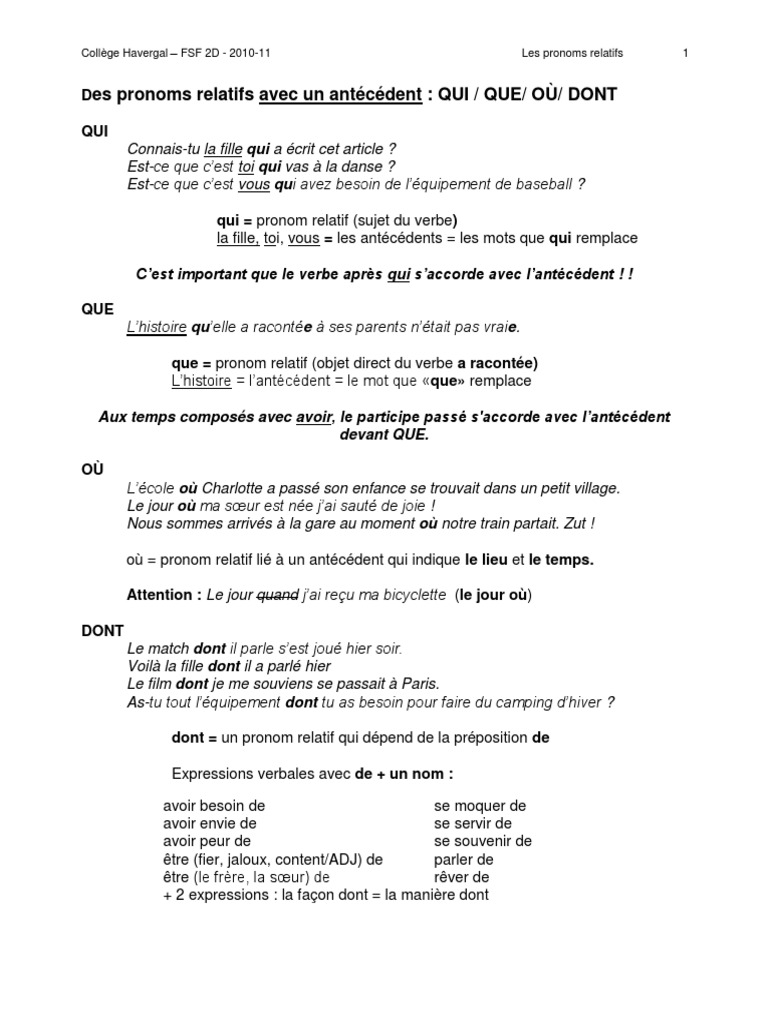 Exercices sur les pronoms relatifs | PDF | Sujet (Grammaire) | Pronom