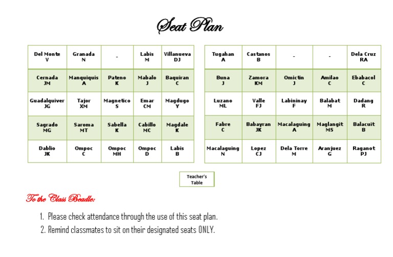 Seat Plan: To The Class Beadle | PDF
