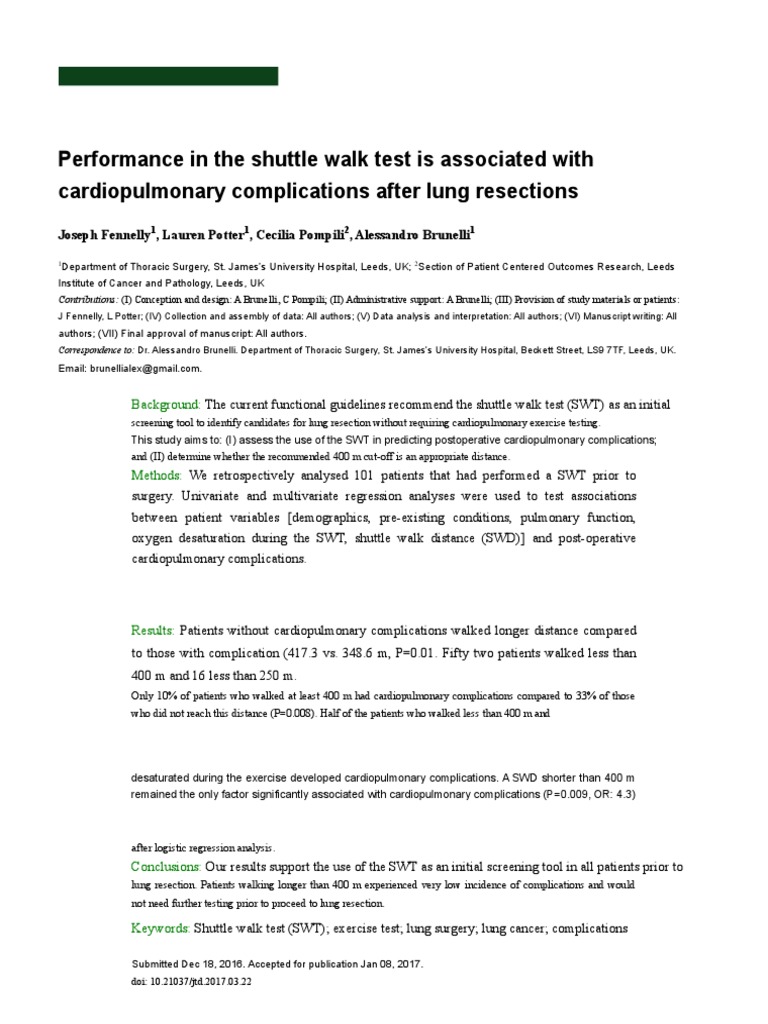 Performance in The Shuttle Walk Test Is Associated With Cardiopulmonary ...