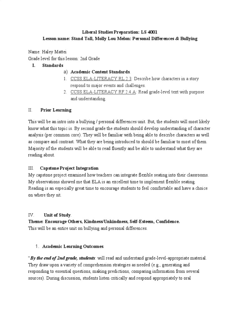 Lesson Plan Molly Lou Melon | PDF | Special Education | Teachers