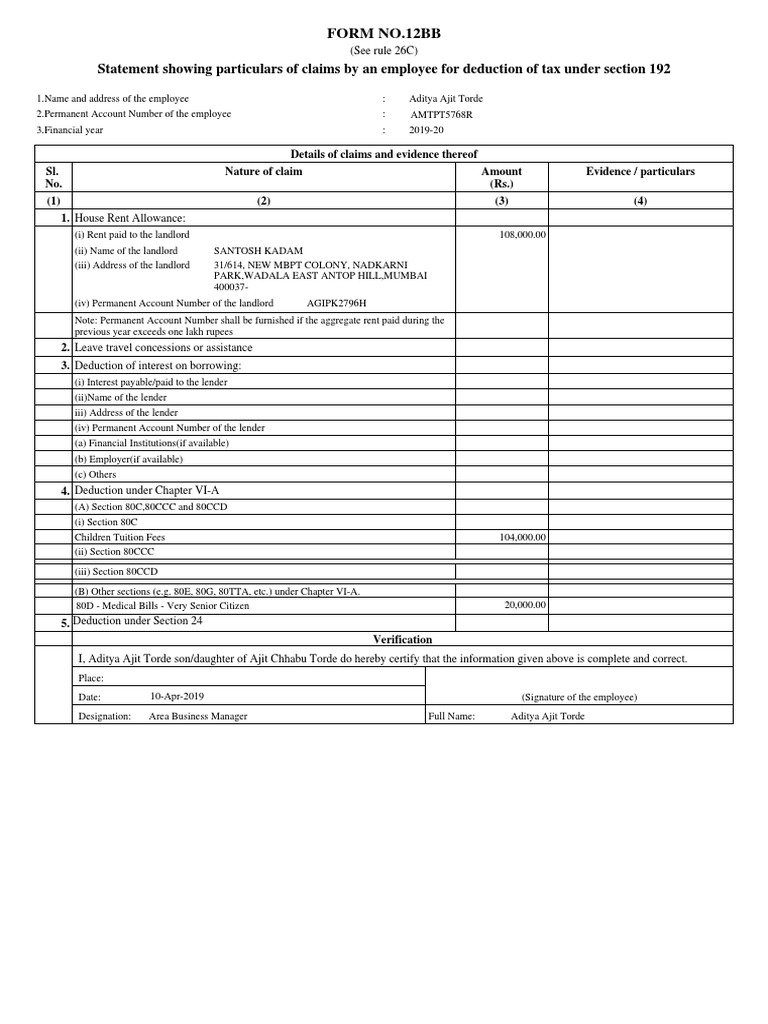 Employee Tax Deduction Claims Form 12BB | PDF | Personal Finance | Taxation