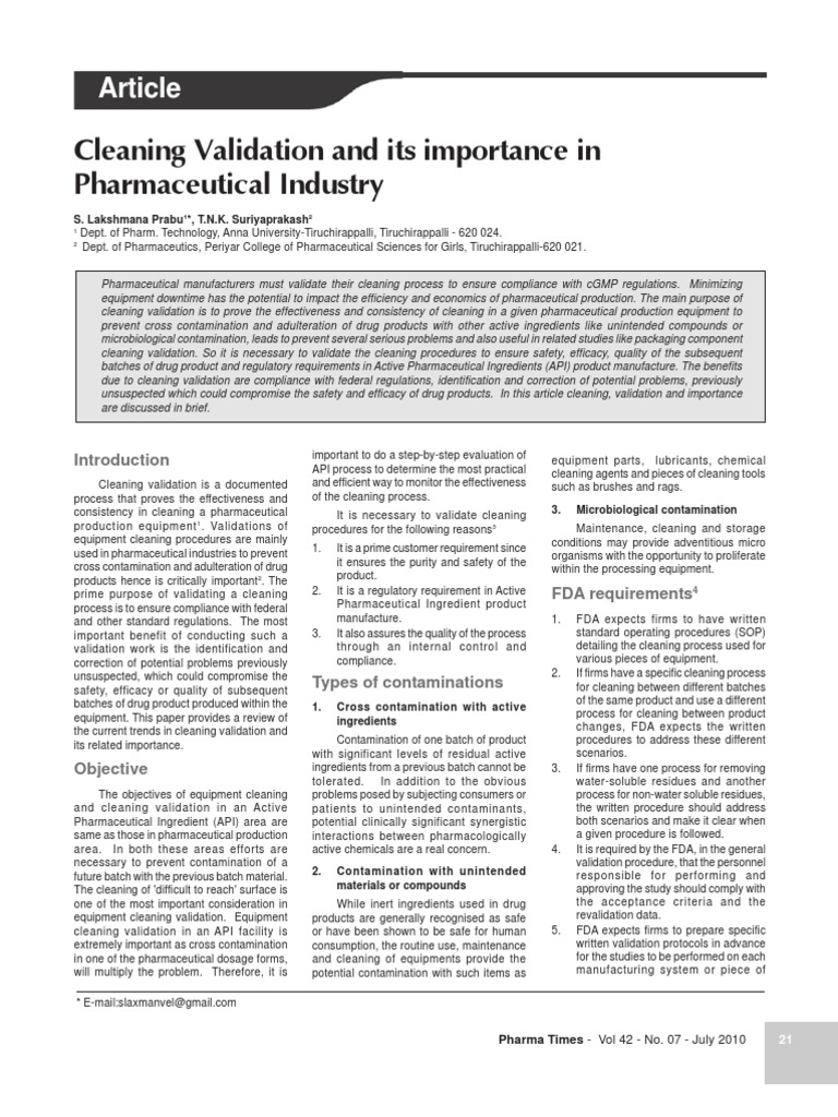 Cleaning Validation and Its Importance in Pharmaceutical Industry | PDF ...