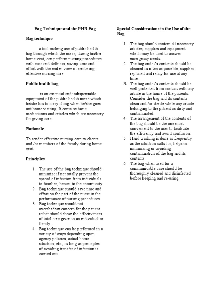 Bag Technique and The PHN Bag | PDF | Hand Washing | Health Care