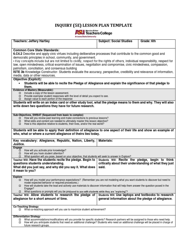 Inquiry (5E) Lesson Plan Template: Evidence of Mastery (Measurable ...