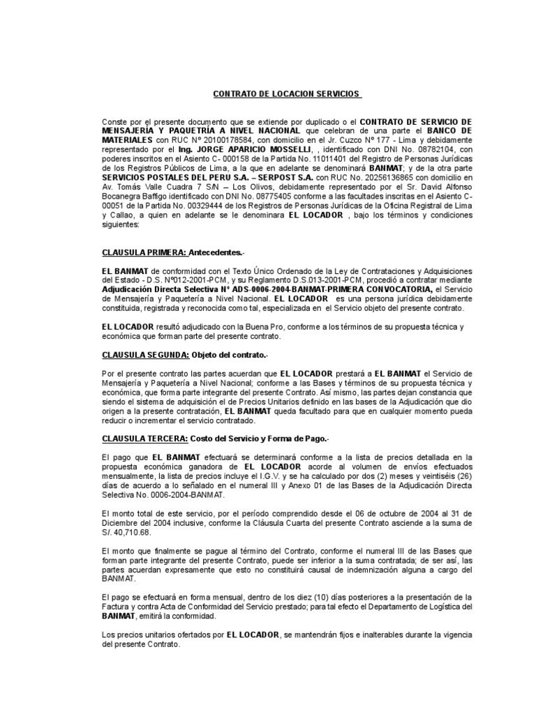 Modelo Contrato Servicios de Mensajería | Gobierno | Política