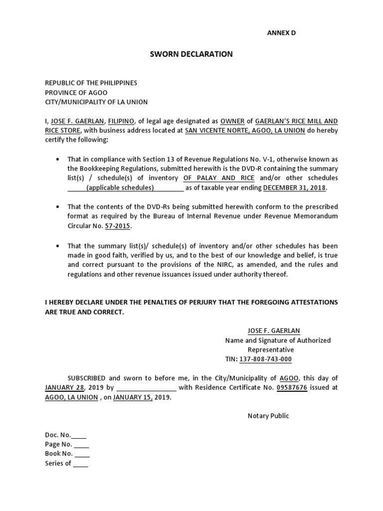 Sworn Declaration of Rice Mill Inventory for Tax Year 2018 | PDF ...