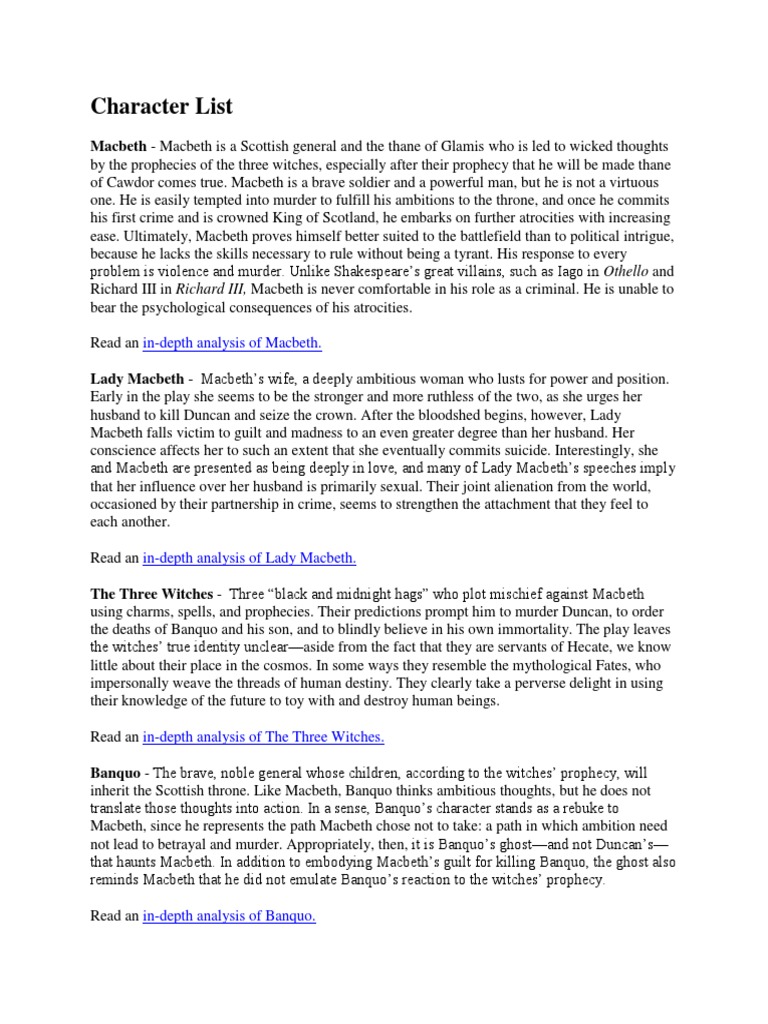 Character List: In-Depth Analysis of Macbeth | PDF | Macbeth ...