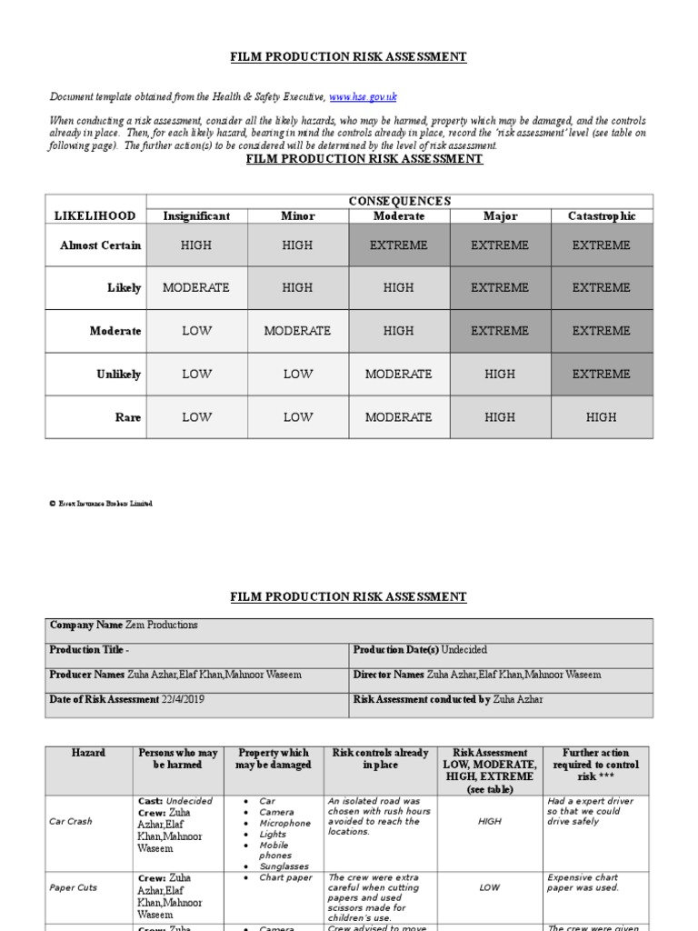 Film Production Risk Assessment Form | PDF | Risk Assessment | Risk