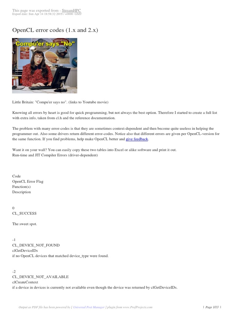 OpenCL Error Codes (1.x and 2.x) PDF | PDF | Parameter (Computer Programming) | Computer Program