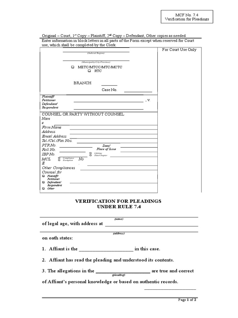 Verification for Initiatory Pleadings | PDF | Affidavit | Civil Law ...
