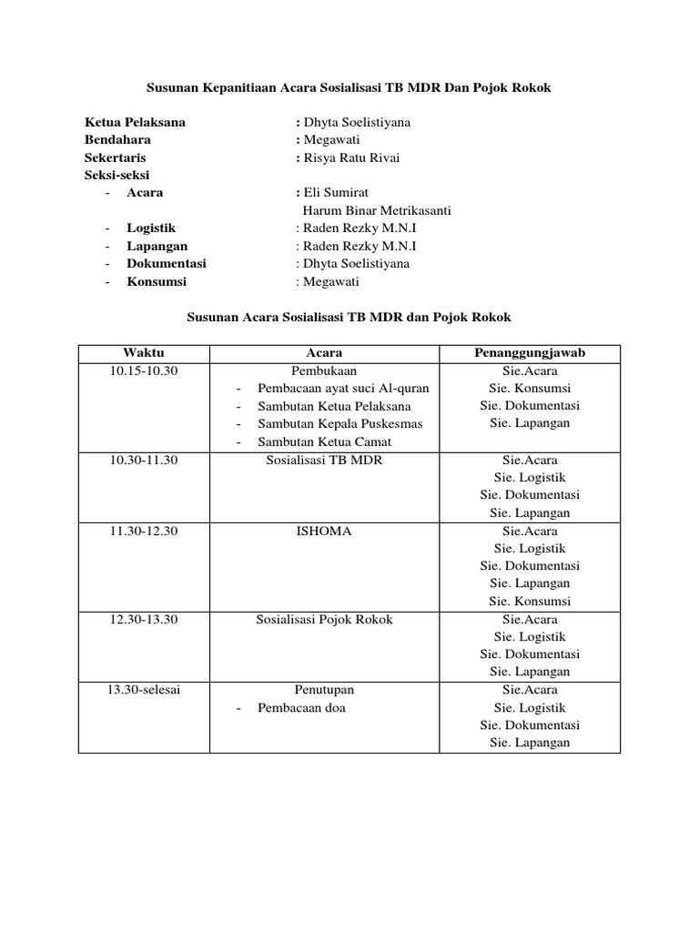 Susunan Kepanitiaan Acara Sosialisasi TB MDR Dan Pojok Rokok | PDF