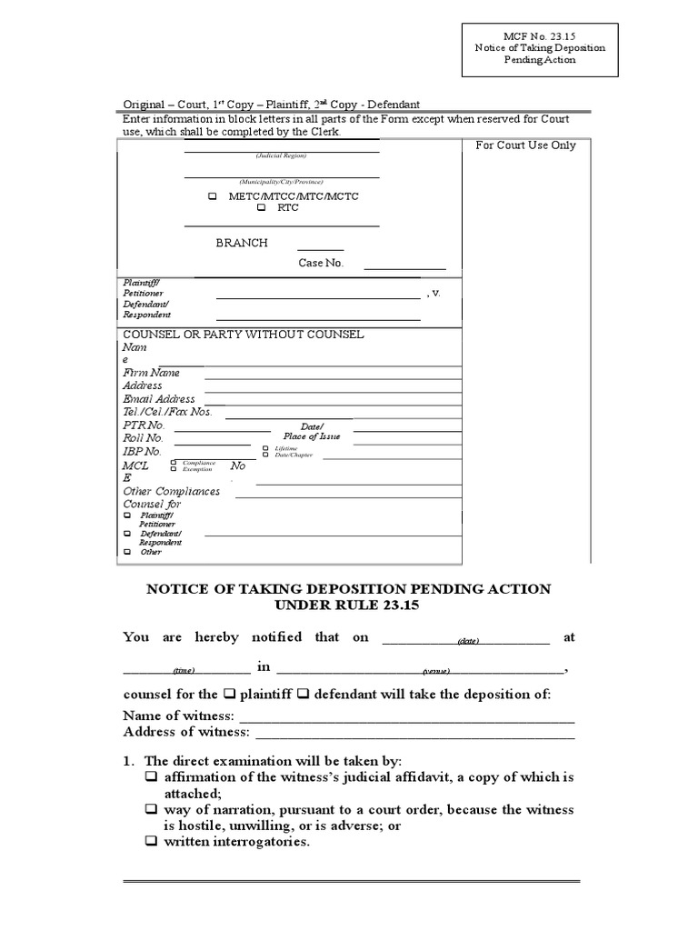 Notice of Taking Depositions Pending Action | PDF | Deposition (Law ...