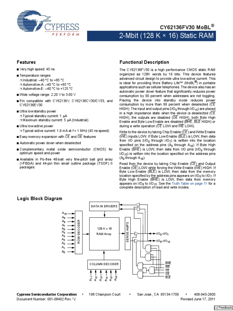 2-Mbit (128 K × 16) Static RAM: Features Functional Description | PDF ...