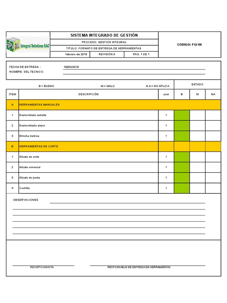 Formato de ENTREGA de Herramientas Basicas | PDF