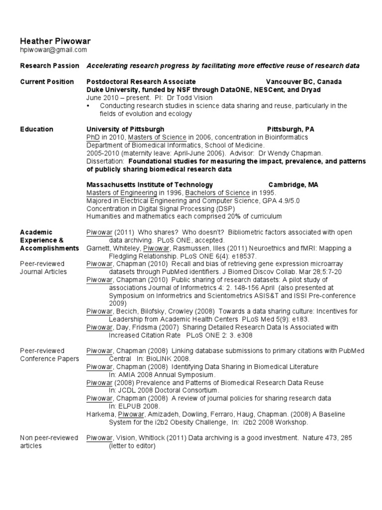 Heather Piwowar CV Resume | PDF | Operating System | Health Informatics