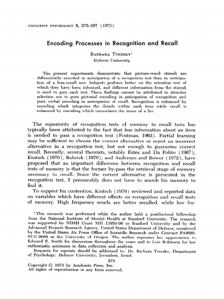 Encoding Process in Recognition and Recall | PDF | Recall (Memory) | Memory