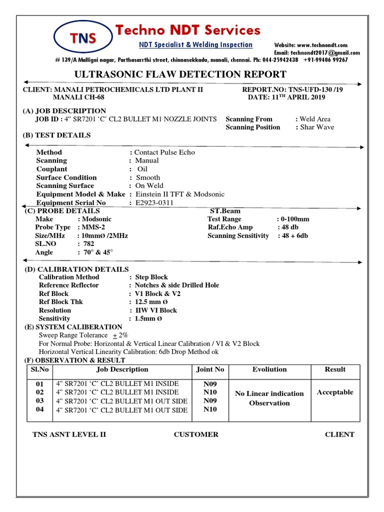 Techno NDT Services: Ultrasonic Flaw Detection Report | Download Free ...