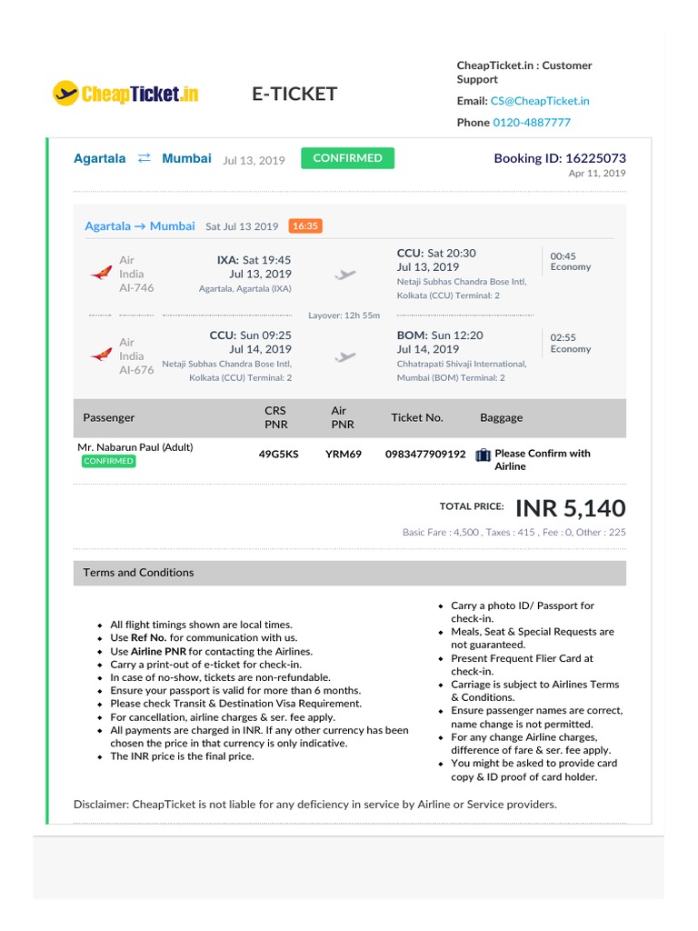 E-Ticket 16225073 | PDF | Fee | Services (Economics)