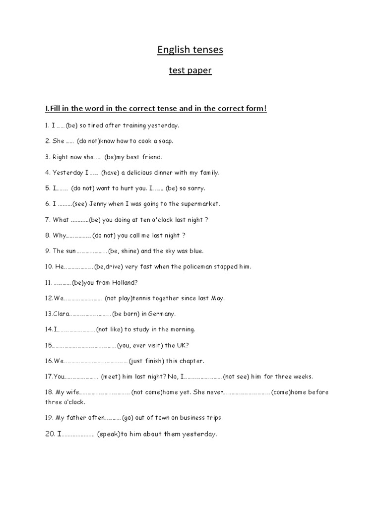 English Tenses: Test Paper | PDF