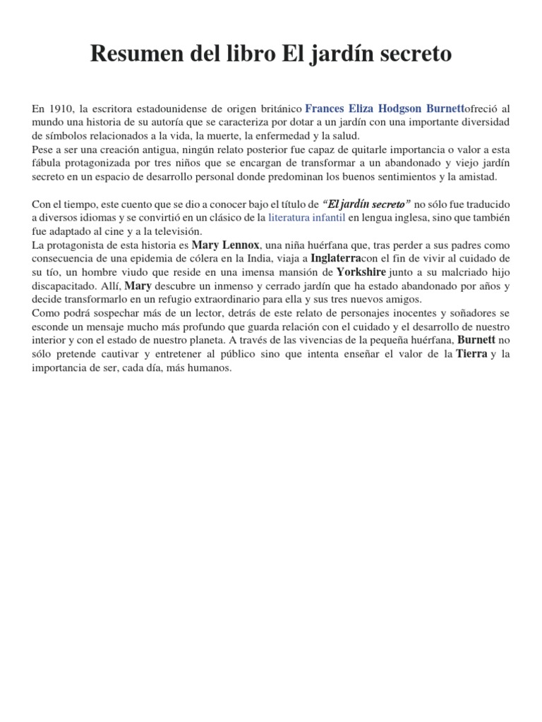 Resumen Del Libro El Jardín Secreto | PDF