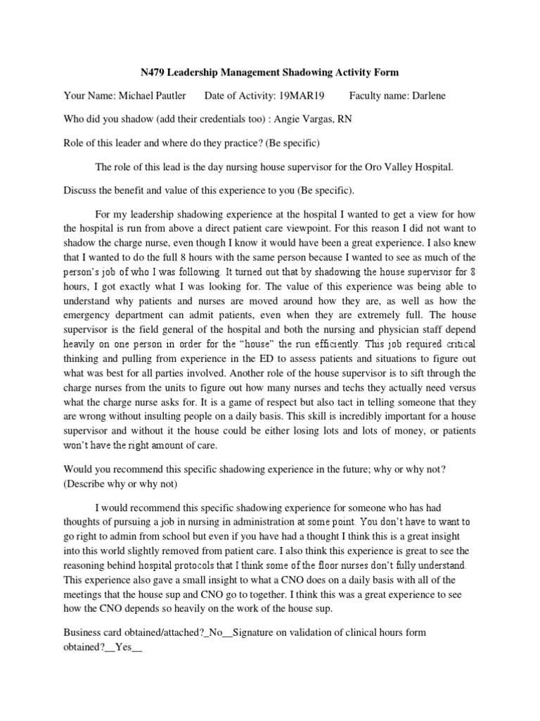 Ldrship Shadowing House Sup | PDF | Nursing | Patient
