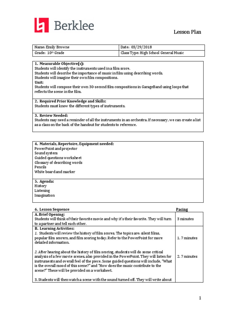 Hs Lesson Plan | PDF | Film Score | Lesson Plan