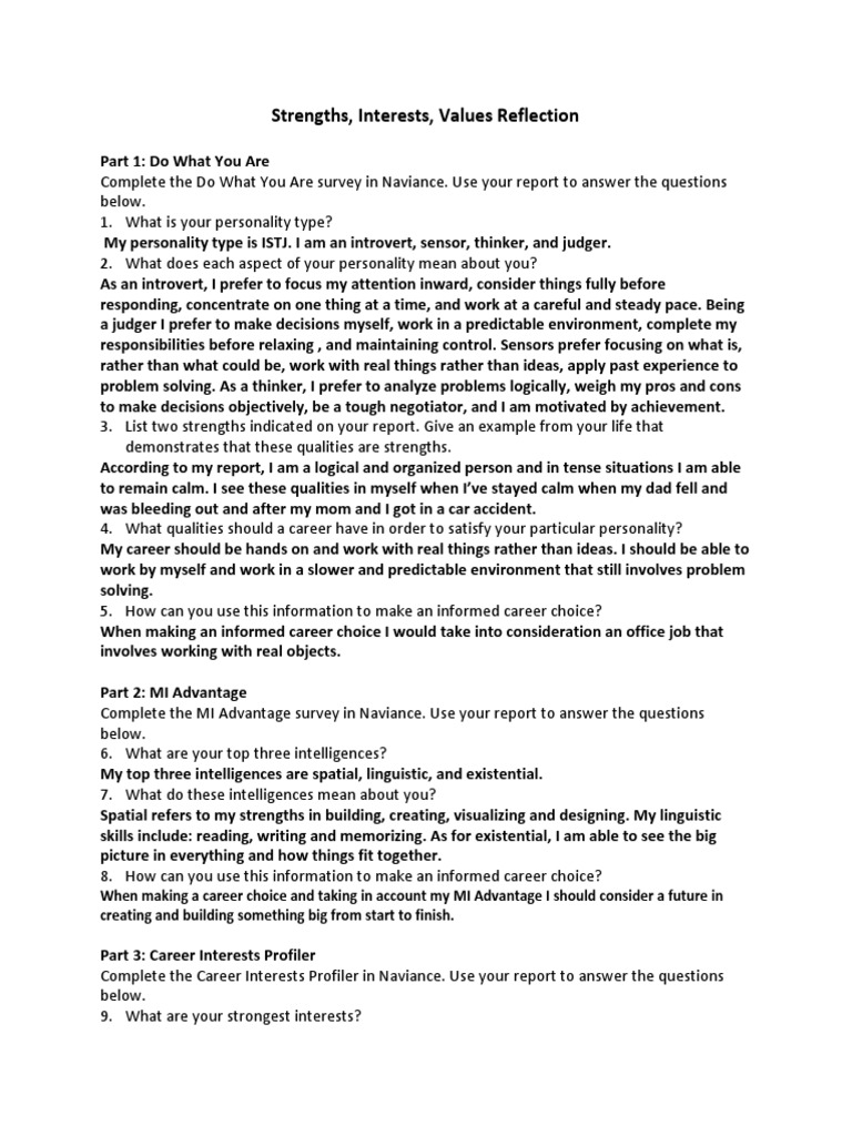 Lesson 1 - Strengths Interests Values Reflection | PDF | Personality ...