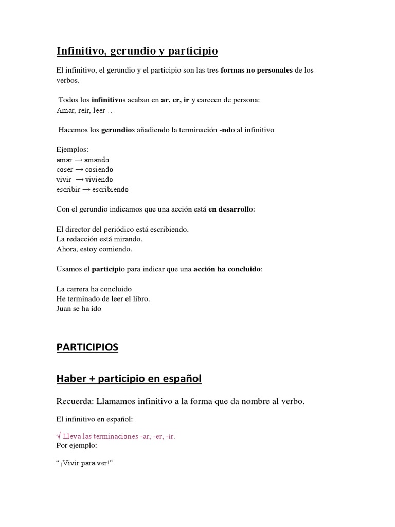 Formas No Personales (Infinitivo, Participio, Gerundio) | PDF | Verbo ...