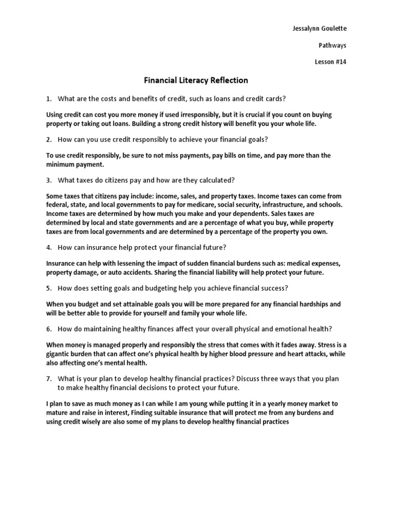 Lesson 14 - Financial Literacy Reflection | PDF | Credit Card | Taxes