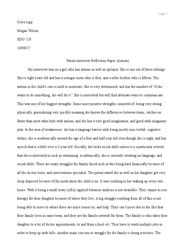 Parent Interview Reflection Paper | PDF | Autism | Disability