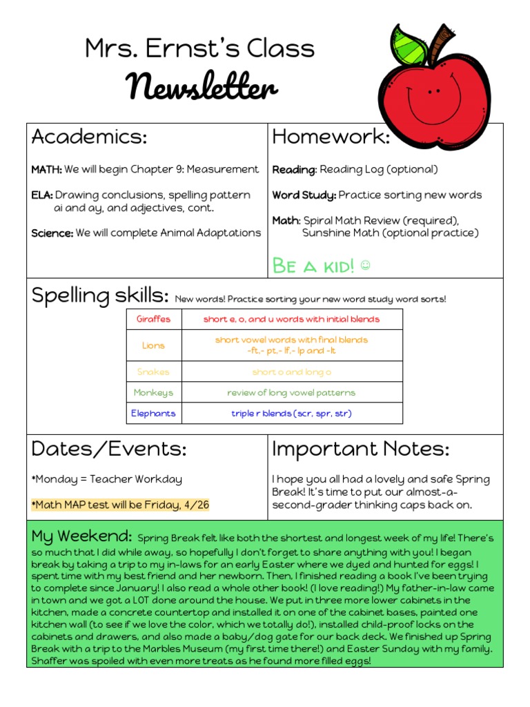 Mrs. Ernst's Class Newsletter Update | PDF