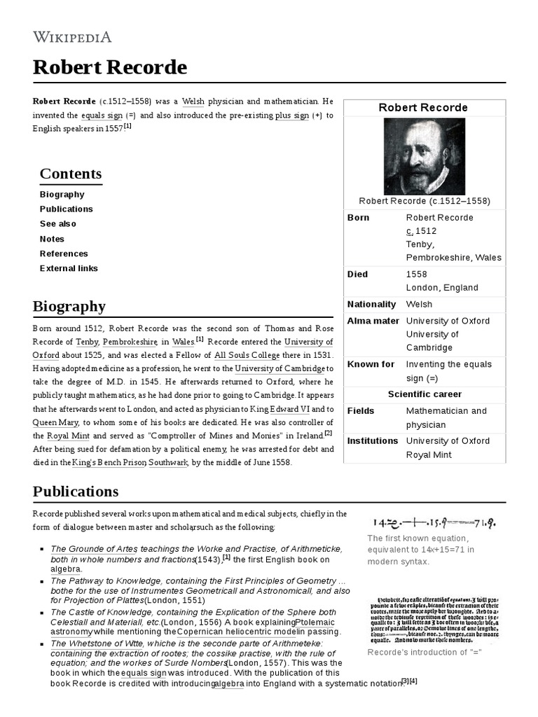 Robert Recorde | PDF | Teaching Mathematics | Science